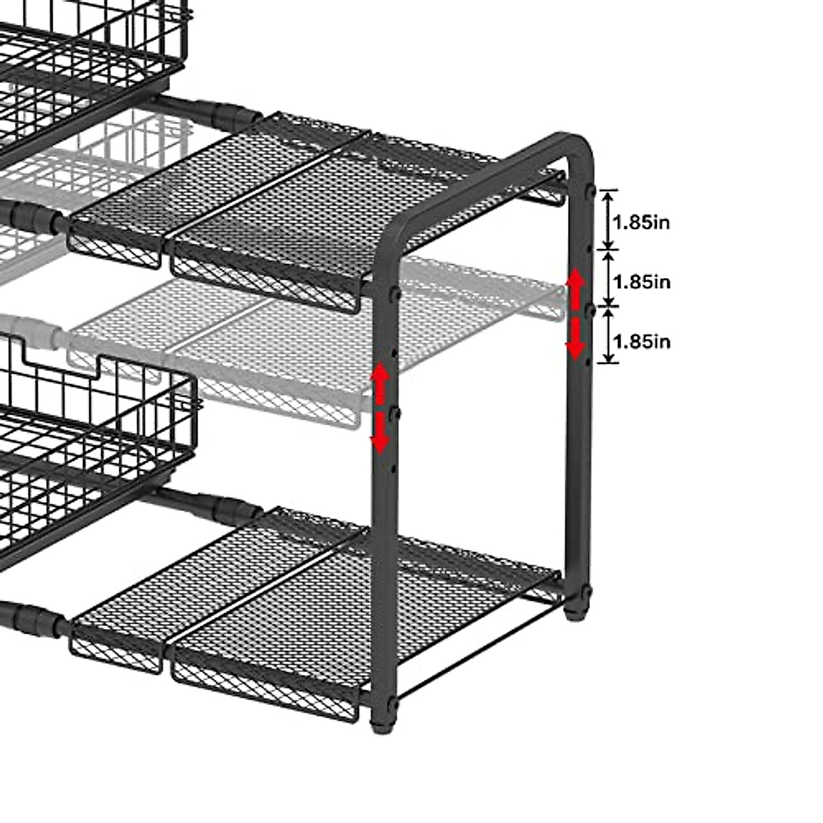 Expandable Under Sink Organizers and Storage, 2-Tier Cabinet Organizer Shelf with 2 Slide-out Baskets, Adjustable Large Under Sink Storage Racks for Bathroom Kitchen,Black