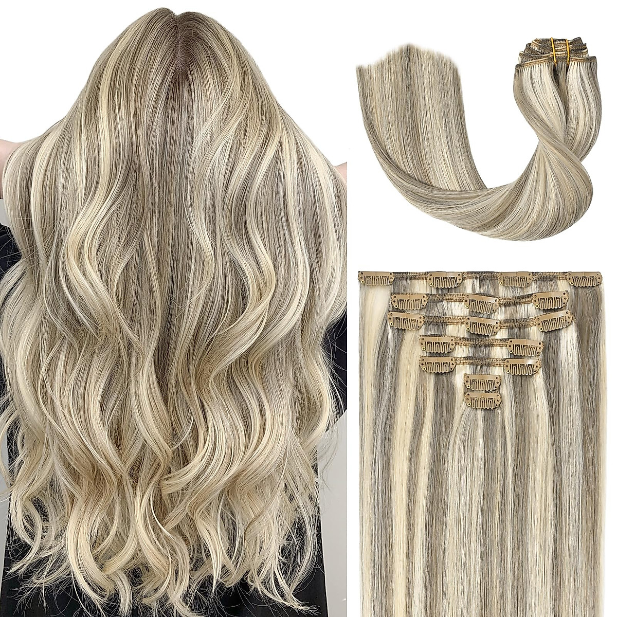 VARIO HAIR Clip in Hair Extensions Blonde Highlighted Human Hair Balayage Hair Extensions Mixed Bleach Blonde 12 Inch 70g Fine Hair Full Head Silky Straight 100% Human Hair Clip In Extensions