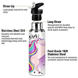 OREZI Cute Unicorn Magical Rainbow Star Pink Water Bottle Thermos with Straw Lid for Boys Girls,600 ml,Leakproof Stainless-Steel Sports Bottle for Women Men Teenage