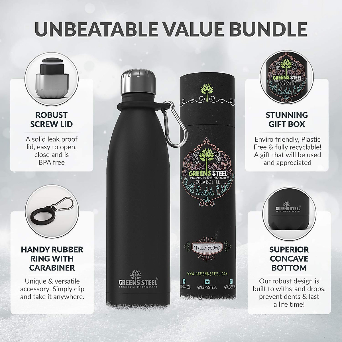 Stainless Steel Water Bottle – 25 oz Vacuum Insulated Double Wall with Screw Lid/Leak Proof Thermal Travel Sports Flask Coffee Canteen - 25 oz, Black