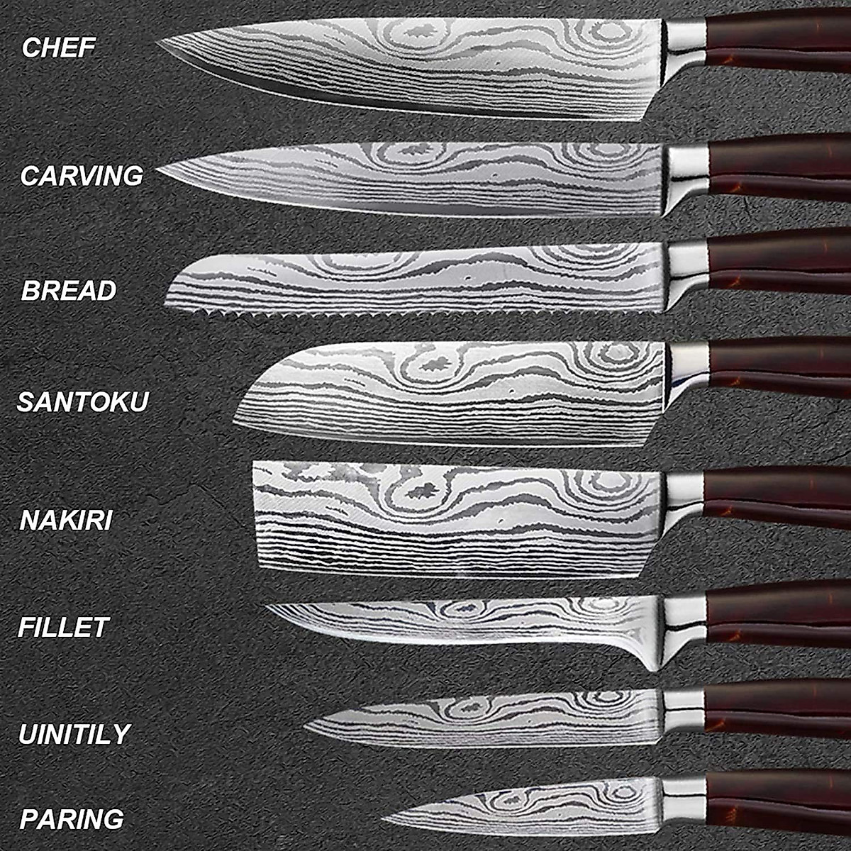 UniqueFire Chef Knife Set 8 PCS, Professional Kitchen Knives set, Ultra-sharp German high carbon stainless steel cooking knives sets for Home & Restaurant, Ergonomic Red-wood Handle with Gift Box