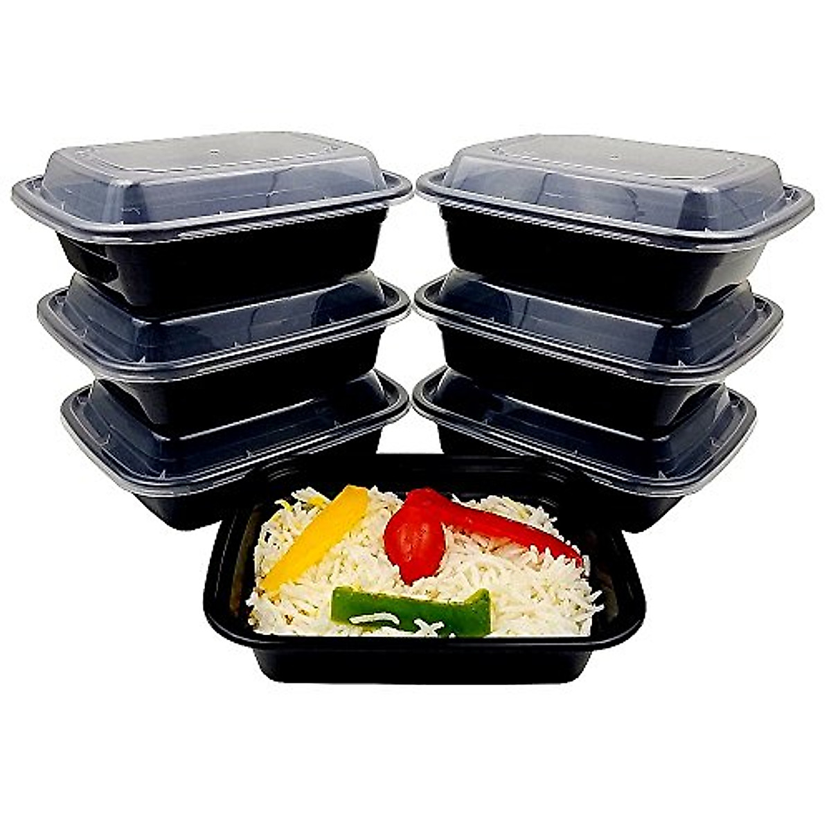 PACTOGO 12 oz. Rectangular Microwaveable Black Plastic Disposable Food Storage Containers with Lids - BPA Free (Pack of 10 Sets)