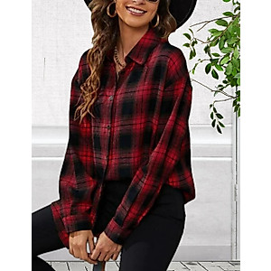HangNiFang Flannel Red Black Plaid Shirts for Women Oversized Button Down Shirts Blouse(0768-RedBlack-M)