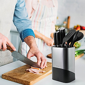 Universal Knife Block without Knives and Utensil Holder for Countertop, Matoyo 2-in-1 Stainless Steel Kitchen Knife Holder for Kitchen Counter, Fingerprint Resistant (Knife/Utensil Holder Silver)