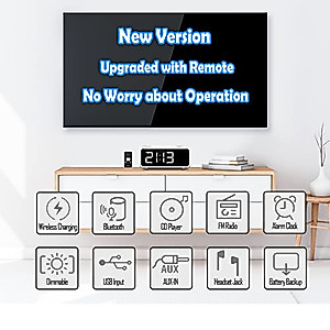 G Keni CD Player Dual Alarm Clock Radio, Bluetooth Boombox with Remote, 10W Fast Wireless Charging, Digital FM Radio, MP3/USB Music Player, Snooze & Sleep Timer, Dimmable Mirror LED Display for Home