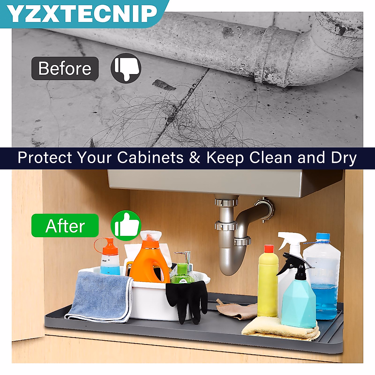 Under Sink Mat for Kitchen Waterproof, 34”x22”Or Smaller Cut to Fit Flexible Silicone Under Sink Liner with Drain Hole,Kitchen Bathroom Cabinet Organizer and Protector for Drips Leaks Spills