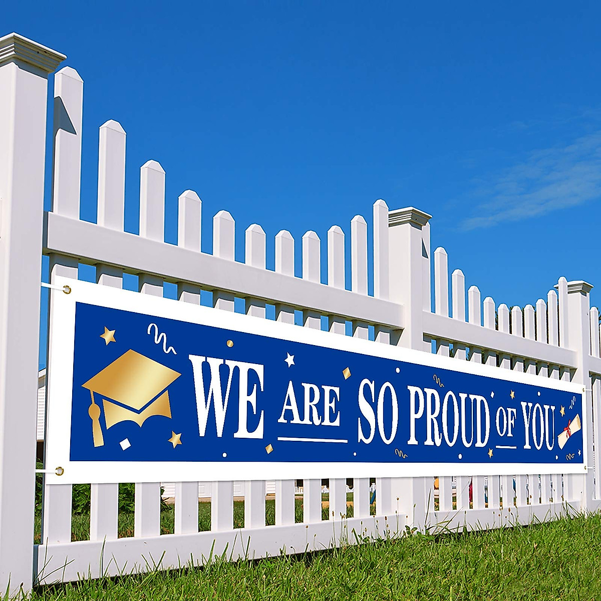 Large Huge 2023 Graduation Party Banner We are So Proud of You Congrats Grad Hanging Banner Backdrop Background Photo Prop Booth Graduation Party Decoration (Blue with White Words)