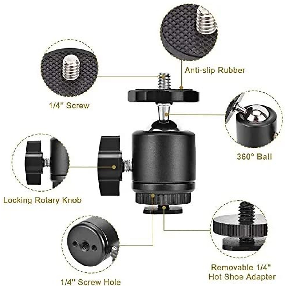 UTEBIT 2 Pack Mini Ball Head with 1/4" Hot Shoe Mount Adapter Max Load 5.5lb 360° Swivel Tripod Ball Head for DSLR Camera Camcorder, Light Bracket