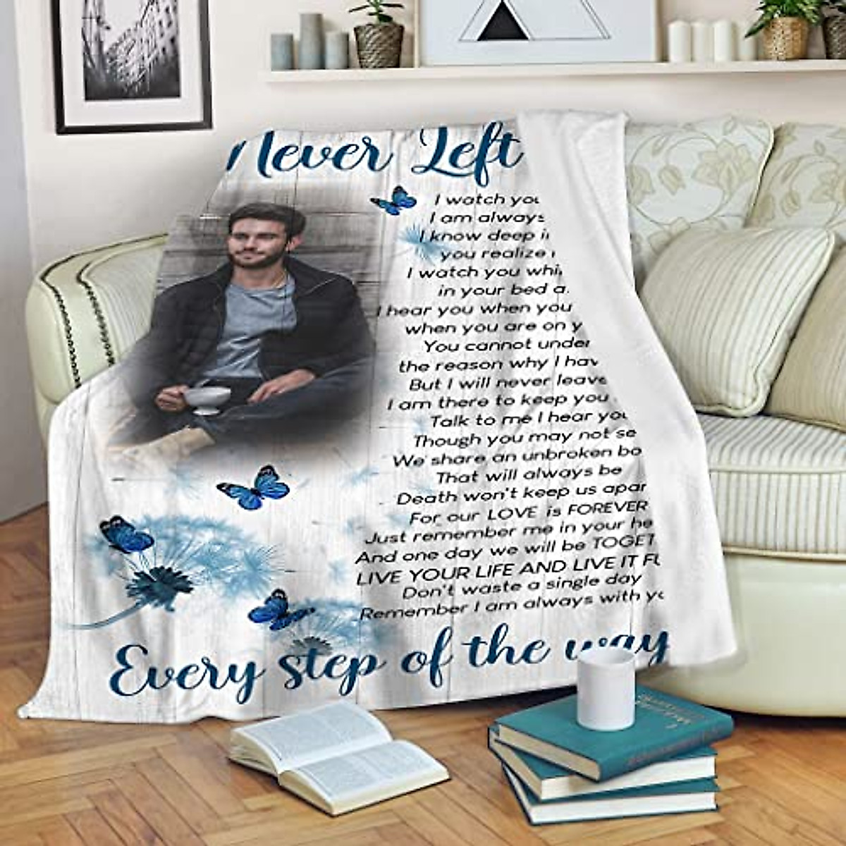Personalized Memorial Blanket| I Never Left You Blue | Remembrance Blanket, Memorial Gift, Sympathy Blanket for Loss of Father, Mother, Husband in Heaven, in Loving Memory| T1057 (60x80 inch)