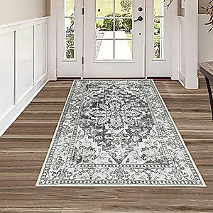 Bsmathom Persian Area Rug 3x5, Non-Slip Throw Small Entryway Rug Kitchen Mat, Low-Pile Non-Shedding Oriental Area Rug for Living Room Bedroom Office (Grey, 3x5Ft)