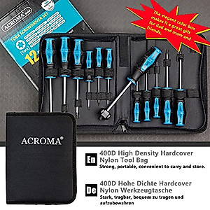 Acroma 12-Piece Magnetic Torx Screwdriver Set, Cr-V Forged DIN Standard Blade with Heavy Duty Non-Slip Grip, 400D Hardcover Nylon Tool Bag and a Demagnetizer as Bonus, W20012