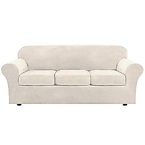 H.VERSAILTEX Modern Velvet Plush 4 Piece High Stretch Sofa Slipcover Sofa Cover Furniture Protector Form Fit Luxury Thick Velvet Sofa Cover for 3 Cushion Couch, Machine Washable (Sofa,Ivory)
