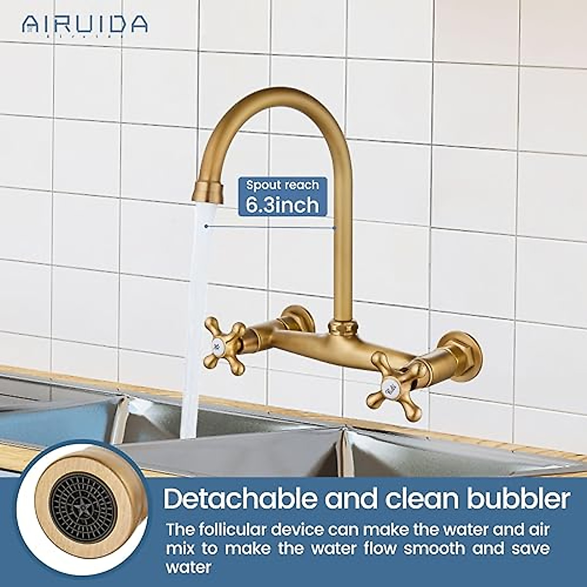 Airuida Antique Brass Wall Mount Kitchen Sink Faucet, Wall Mounted 8 Inches Center Faucet, Wall Mounted Commercial Kitchen Faucet, 360 Degree Swivel Spout Mixer Commercial Tap with Female Thread