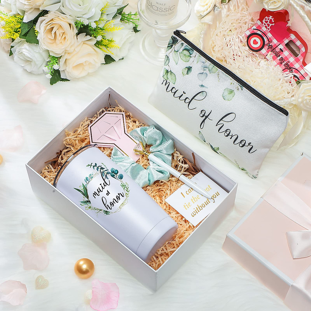 5 Pcs Wedding Proposal Gift Set Including 20 oz Tumbler Bachelorette Makeup Bag Hair Scrunchies Hair Ties Card Crystal Diamond Ballpoint Pen for Bridal Shower Wedding Party (Maid of Honor)