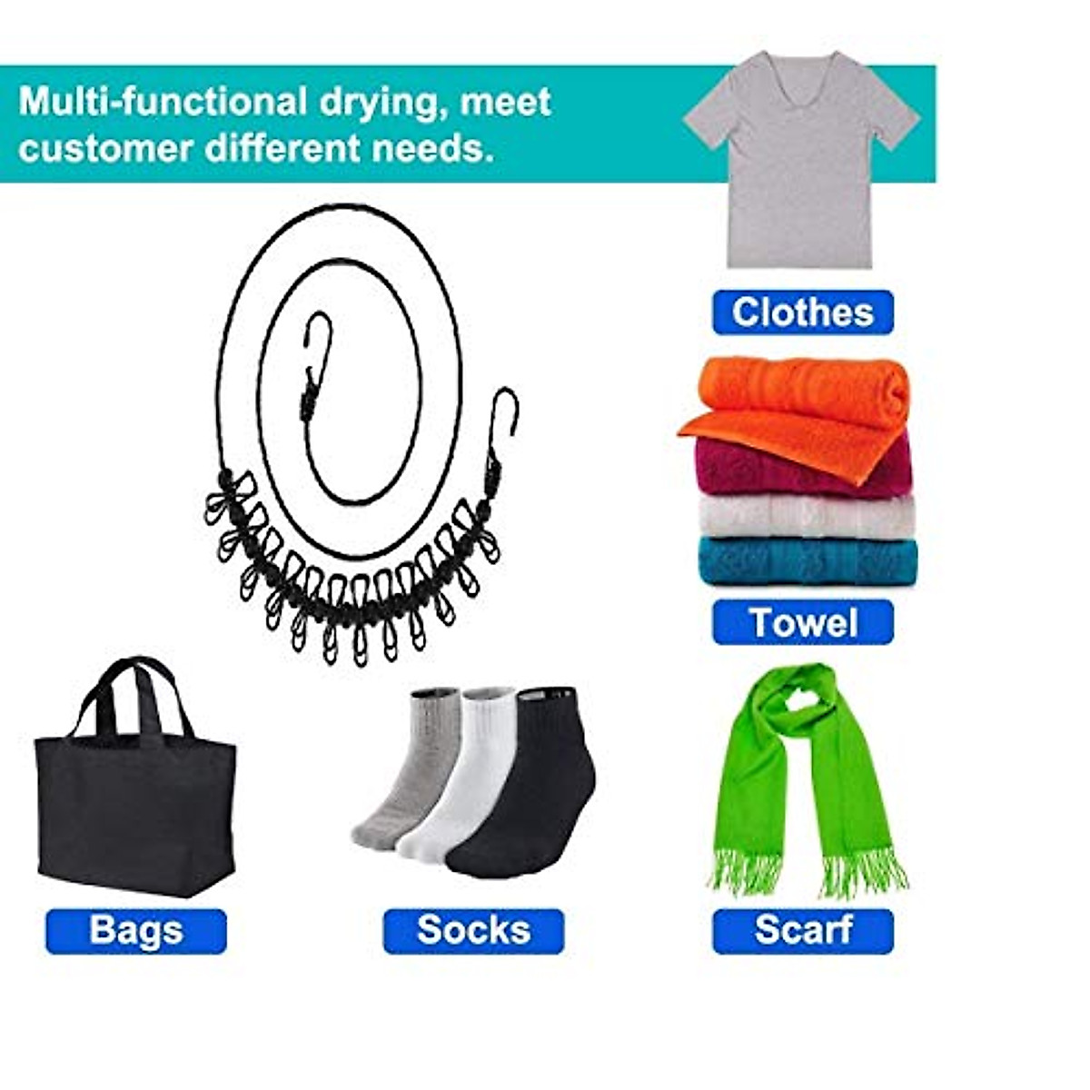 Newraturner 2 Pack Portable Clothesline with 12 Clothespins, Windproof Travel Clothesline Stretchy Retractable Elastic Laundry Clothes Line for Backyard, Vacation Hotel, Balcony Clothes Drying Line