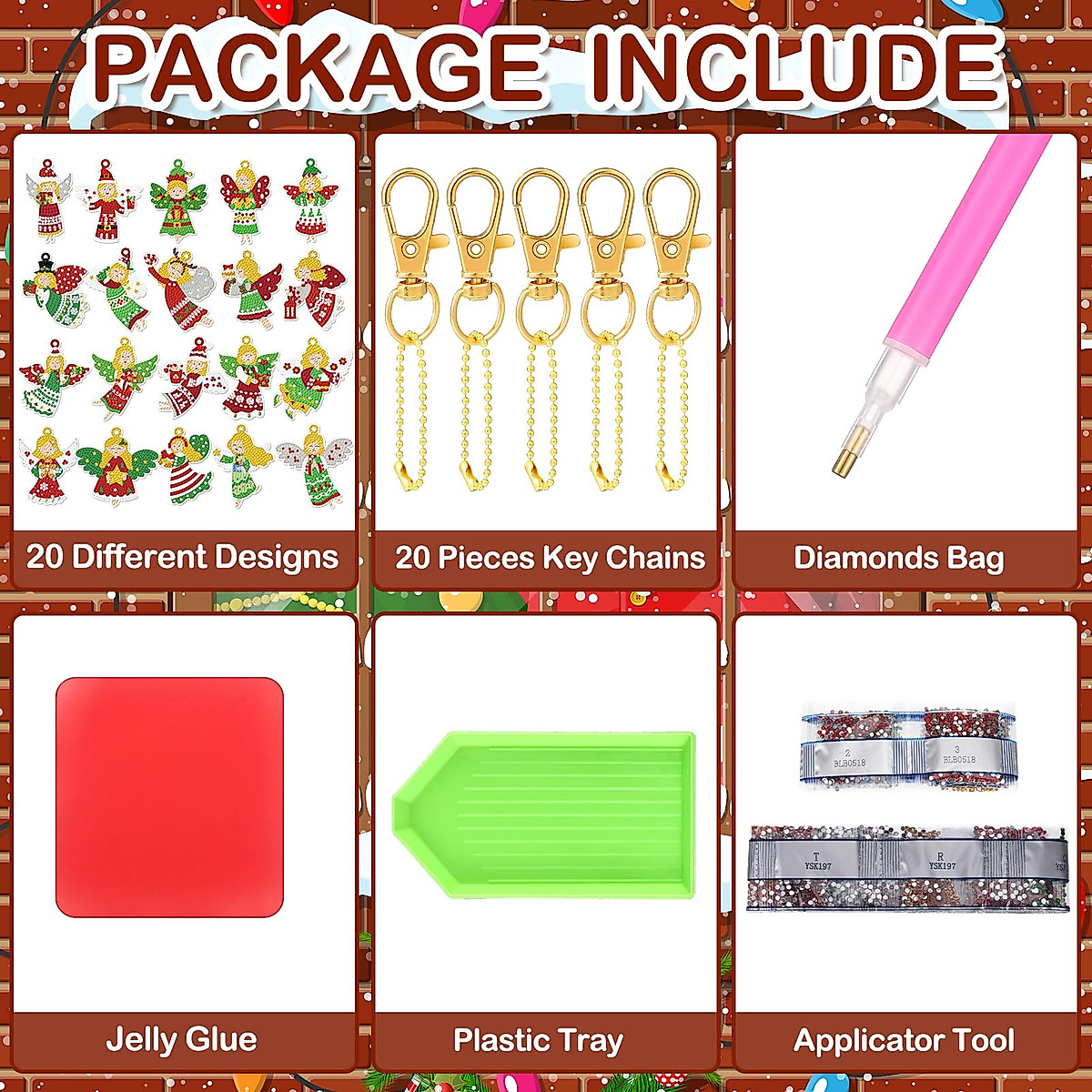 Tondiamo 20 Pcs Christmas Diamond Painting Keychain Kits 5D DIY Diamond Art Pendants Double Sided Hanging Key Chains for Christmas Party Decoration DIY(Angels Style)