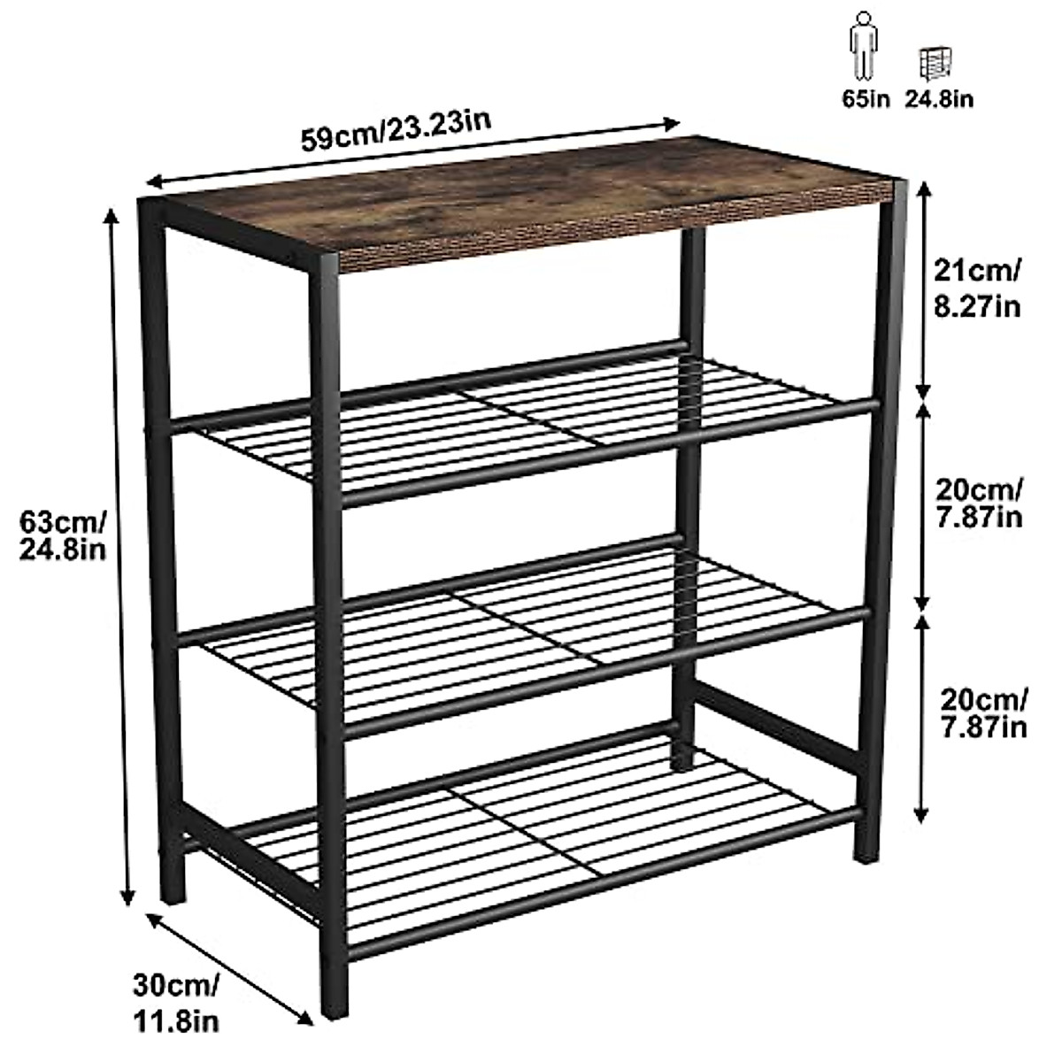 HOMEFORT 4-Tier Metal Shoe Rack, All-Metal Shoe Tower,Shoe Storage Shelf with MDF Top Board,Each Tier Fits 3 Pairs of Shoes,Entryway Shoes Organizer with Sturdy Metal Shelves in Rustic Brown,23.23"