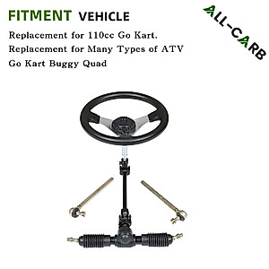 ALL-CARB Go Kart 300mm Steering Wheel Steel Kit Gear Rack Pinion 320mm Adjustable Tie Rod Rack Shaft Assembly Replacement for 110cc Go Kart