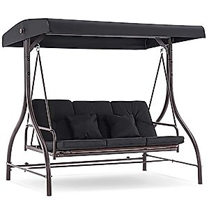 MCombo 3-Seat Outdoor Patio Swing Chair, Adjustable Backrest and Canopy, Porch Swing Glider Chair, w/Cushions and Pillows, 4068 (Grey)
