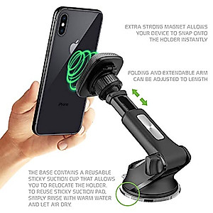 Cellet Magnetic Car Phone Mount, Universal Dashboard & Windshield, Super Strong Suction Cup Car Phone Holder Adjustable Telescopic Long-Arm Compatible with iPhone Samsung Galaxy Google Pixel Moto