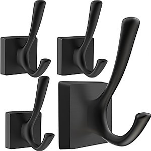 TOFIIGREM Black Wall Hooks Coat Hooks, Mudroom Hooks Bathroom Hallway Hooks for Hanging Clothes Robe Towel Backpack, Heavy Duty Decorative Hooks Modern Double Towel Hooks (4 Pack, Black)