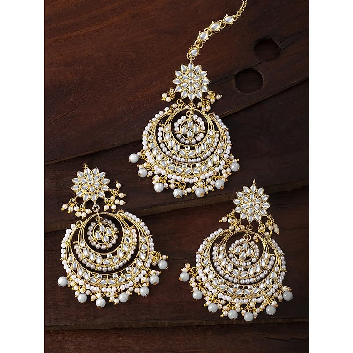 Aheli Bollywood Ethnic Chandbali Style Big Earrings Maang Tikka Set Indian Traditional Bollywood Fashion Jewelry for Women (Grey)