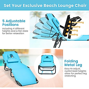 Giantex Chaise Folding Chair Adjustable Beach Patio Lounge Recliner, Turquoise