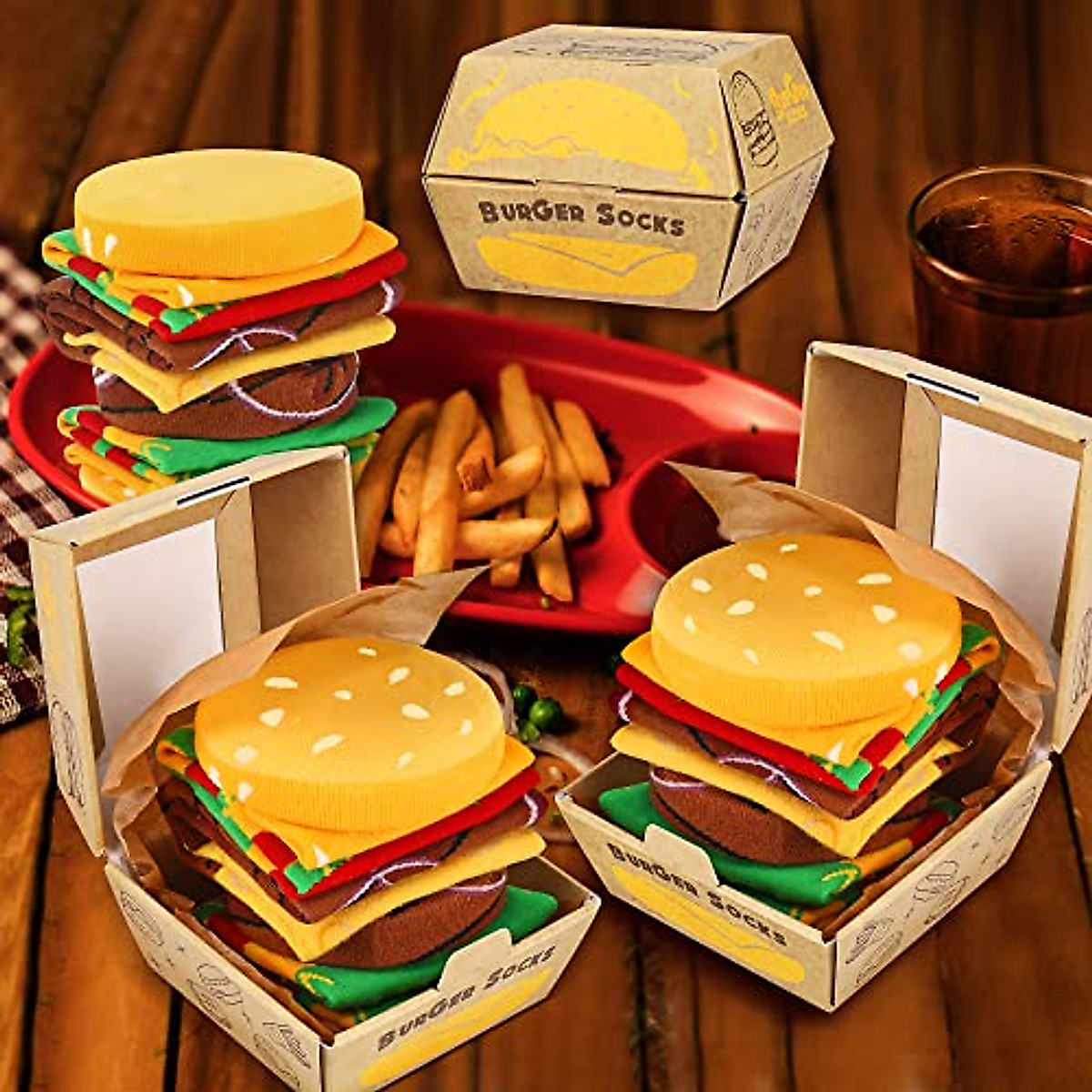 Funny Burger Socks Box for Men Women Teen Boys - Funny Gifts Hamburger Fun Novelty Funky Crazy Silly Cool Cute Food Socks-Valentines Day Birthday Gag Chirstmas Gifts Stocking Stuffers(L,2 pairs)