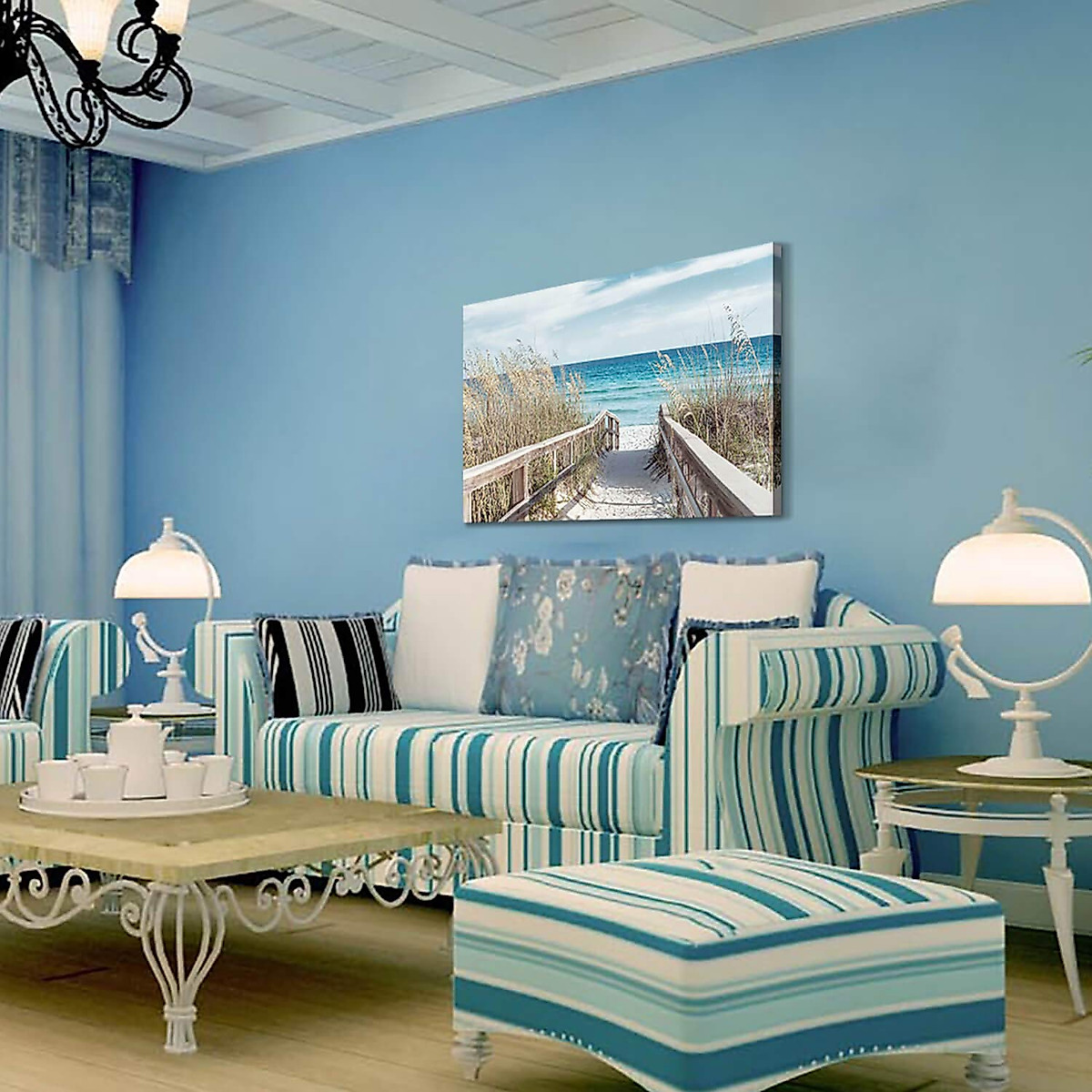 TAR TAR STUDIO Beach Pathway Canvas Wall Art: Seascape Painting Seaside Fence Artwork Picture Print for Living Room (45''W x 30''H, Multiple Sizes)