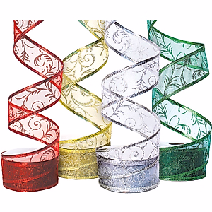 Christmas Ribbon Wired 1.5 Inch Set of 4 Ribbon Wire Red, Green, Gold, Silver/White Sheer Organza Glitter Gift, Xmas Ribbons Decoration, Holiday Craft, Gifts Wrap 40 Yards / 10 Yard Ea. Roll