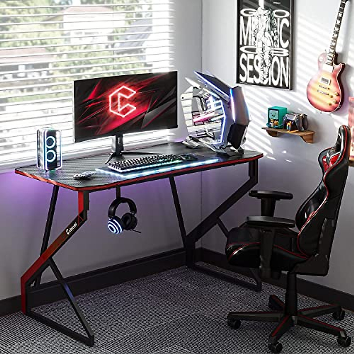 CubiCubi Simple Gaming Desk Z Shaped 40 inch Gamer Workstation, Home Computer Carbon Fiber Surface Gaming Desk PC Table with Headphone Hook