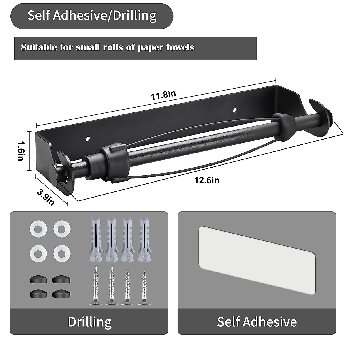 Black Paper Towel Holder Wall Mount,Adhesive or Drilling Paper Towel Holder Under Cabinet for Kitchen,Stainless Steel Hanging Paper Towel Holder