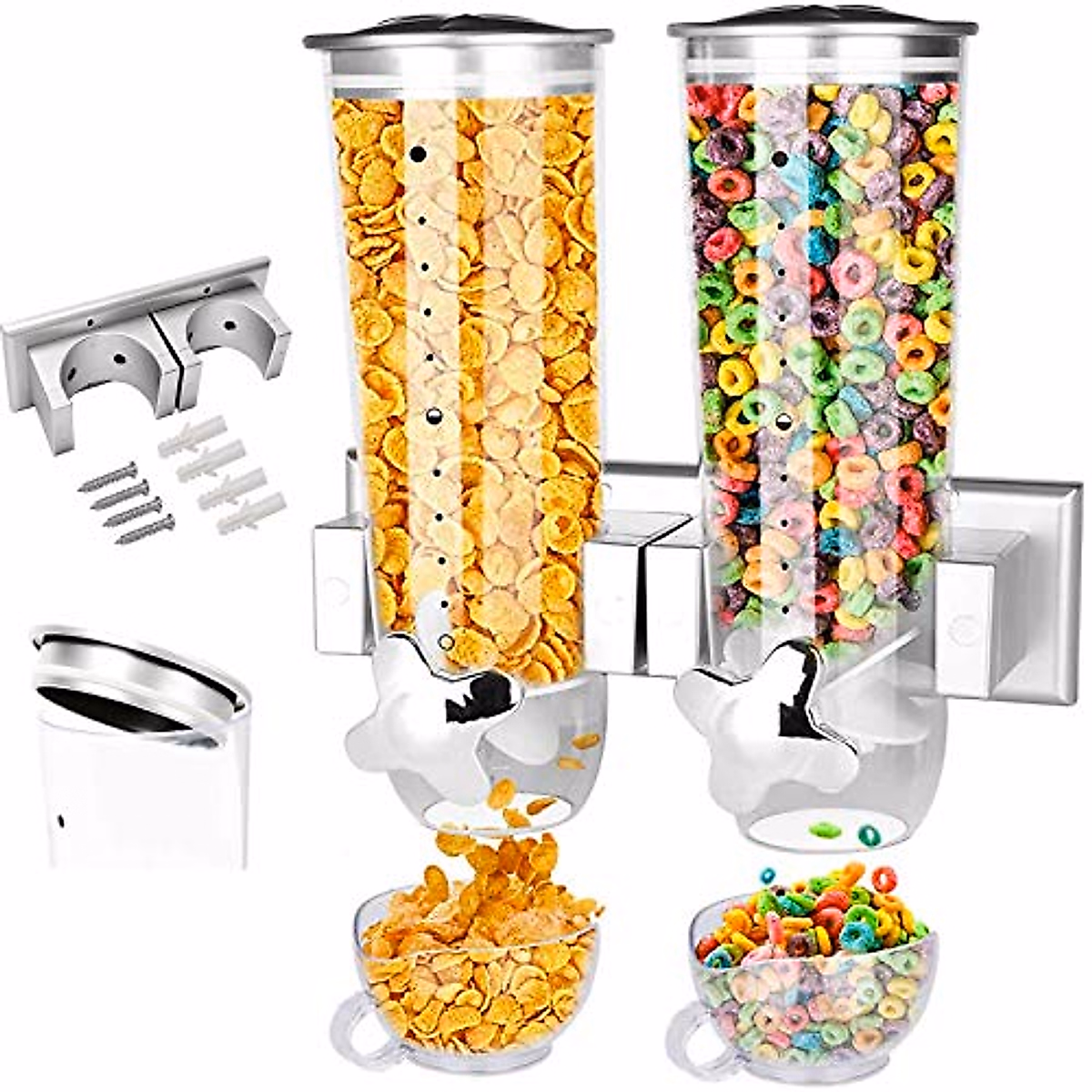 Food Dispensers 2 PACK Wall Mount Double Dry Cereal Dispenser, Convenient Storage Dual Control for Cereal Nuts, Coffee Beans Trail Mix Candy Oatmeal Rice Pasta Candy Container, 50oz Each Cereals Bank