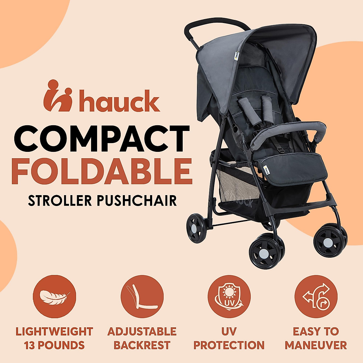 hauck Lightweight and Compact Travel Baby/Toddler Foldable Stroller, Sport, Charcoal/Stone