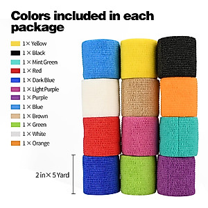 12/24/48/72pcs Self Adhesive Bandage Wraps, 2in 5 Yards, Multicolor (2 Inch, 12 Pack Multicolor)