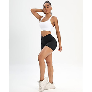 Workout Shorts for Women 2 Pcs Pack Cross Waist Active Gym Spandex Stretchy Yoga Compression with Side Pockets Black+Black-M