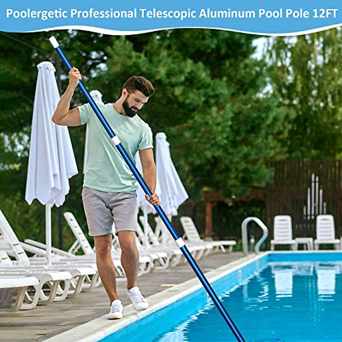 Poolergetic Pool Pole, Telescopic Pool Pole,Thickened Aluminum Pool Pole, Adjustable Length 4.5-12 Feet, Fit Pool Nets,Pool Brushes,Pool Leaf Rakes,Pool Vacuum Heads