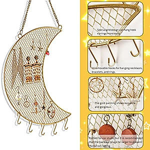 Rolin Roly Earring Wall Holder Wall Mounted Jewelry Rack Hanging Earring Organizer with3 Hooks Moon Shaped for Display Grid Golden Bracelet Necklace Ring