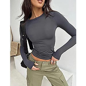 Lviefent Womens Casual Long Sleeve Workout Yoga Y2K Crop Top Slim Fit Basic Tee Shirt with Thumb Hole (Grey, Large)