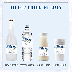 URROMA Wedding Water Bottle Labels, 50 Pcs Thank You White and Blue Rose Water Bottle Wraps Water Bottle Stickers for Birthday Baby Shower