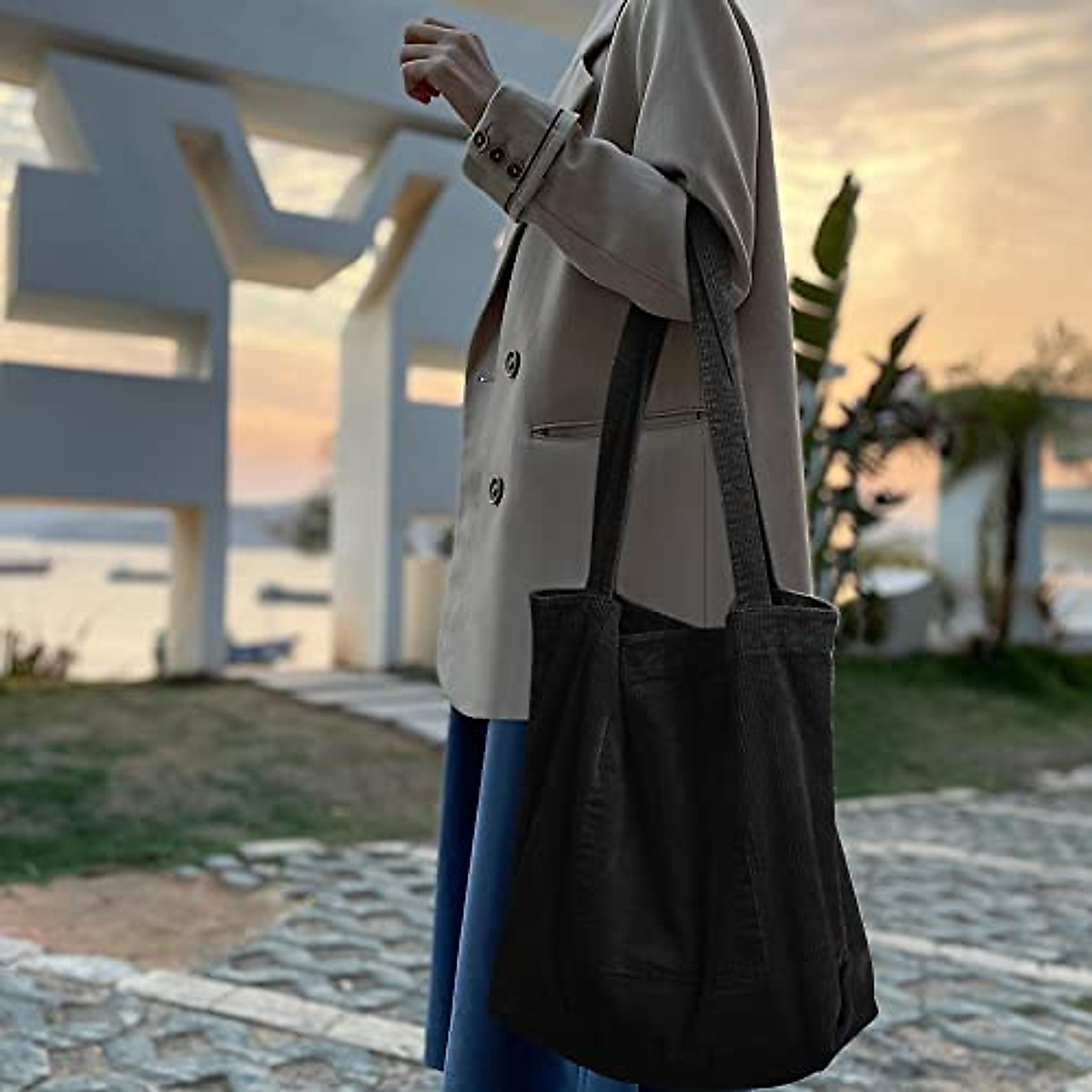 VIJIV Corduroy Tote Bag Aesthetic, Women Canvas Tote Bag Large Capacity Hippie Tote Bag Shoulder Handbags with Pockets Black