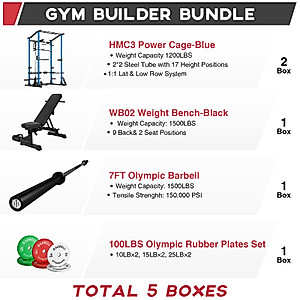 ER KANG Power Cage, 1200LBS Power Rack with LAT Pulldown, Multi-Function Squat Cage with Olympic Plates&Barbell, Weight Cage for Home Gym with Training Attachment, Blue