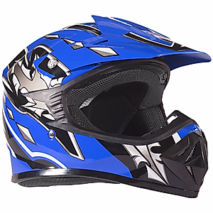 Typhoon Kids Youth Offroad Helmet Gloves Goggles Chest Protector Gear Combo Motocross ATV Dirt Bike MX Black Blue ( Medium )