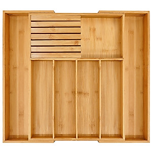 VaeFae Bamboo Silverware Drawer Organizer Kitchen, Expandable Utensil Holder and Cutlery Tray with Divider | 13"-21.6" Flatware Storage and Removable Knife Block