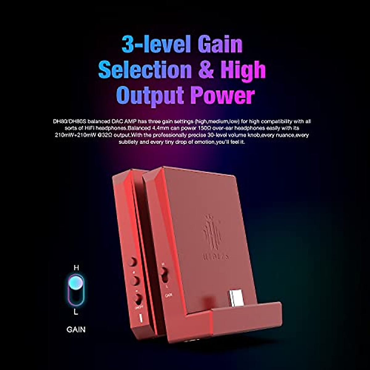 HIDIZS DH80S Portable Balanced DAC & AMP, Supports MQA Audio Technology, DSD64/128 Portable Audio Decoding Amplifier, 4.4mm/3.5mm Port Output for Windows 10/Mac OS/iPad OS/Android/iOS System (Black)