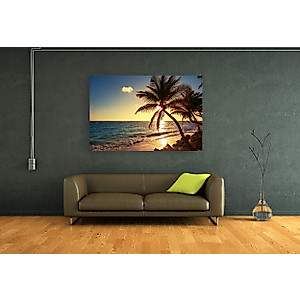 Muolunna S04981 Wall Art Decor Large Canvas Print Picture Sunset Ocean Beach Waves 1 Panel Coconut tree Scenery Painting Artwork for Office Home Decoration Stretched and Framed Ready to Hang XLarge