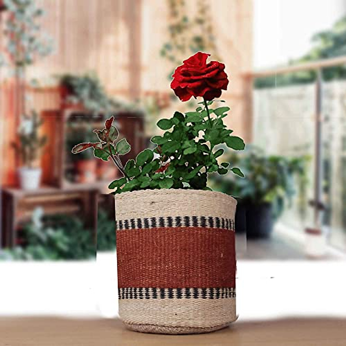 Storage Basket, Baby Nursery Hamper with Handles, Woven Basket for Blankets, Toys, Shoe, Large Jute Basket for Living Room, Kids Room (Red & Beige)