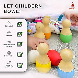 Shumee Wooden Bowling Set for 2 3 4 5 6+ Year Old Kids | Indoor Toddler Toys | Gifts | Family Party Games | Holiday | 6 pins & 1 Ball | Child Safe & Non Toxic