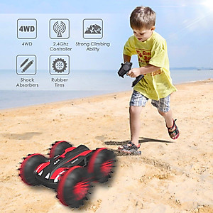 Pussan Gifts for 6-12 Year Old Boys Amphibious Remote Control Car for Kids and Adults 2.4 GHz RC Stunt Car for Boys Girls 4WD Off Road Monster Truck Gifts Remote Control Boat Summer Beach Toy SLC Red