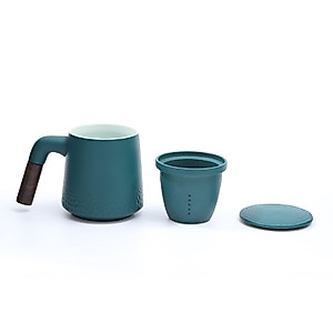 NCQIXIAO Tea Cup with Infuser and Lid, Raindrop Style Tea Mug Cups with Infuser, Wood Handle Ceramic Coffee Mug with Lid for Steeping Loose Leaf Tea 320ml/10.82OZ (Dark Green)